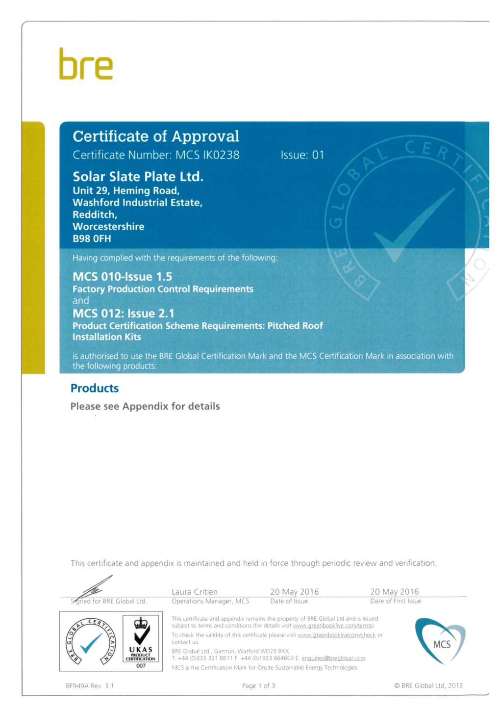 MCS012 certificate of approval - Solar Slate Plate - Solar pv roof hooks