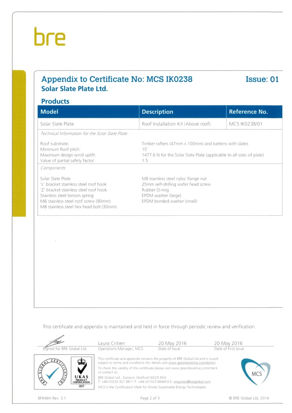 MCS012 certificate of approval - Solar Slate Plate - Solar pv roof hooks